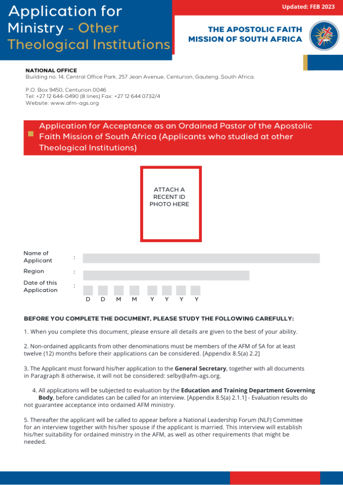 Application Forms - The Apostolic Faith Mission of South Africa