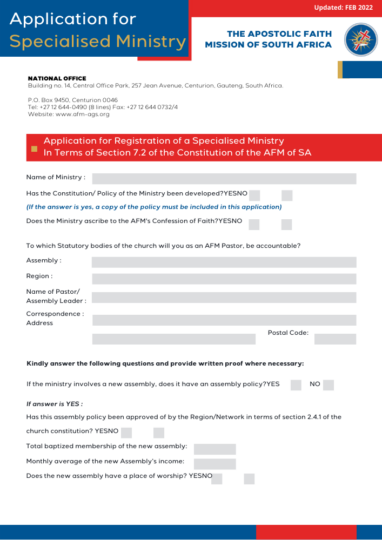 Application Forms - The Apostolic Faith Mission of South Africa