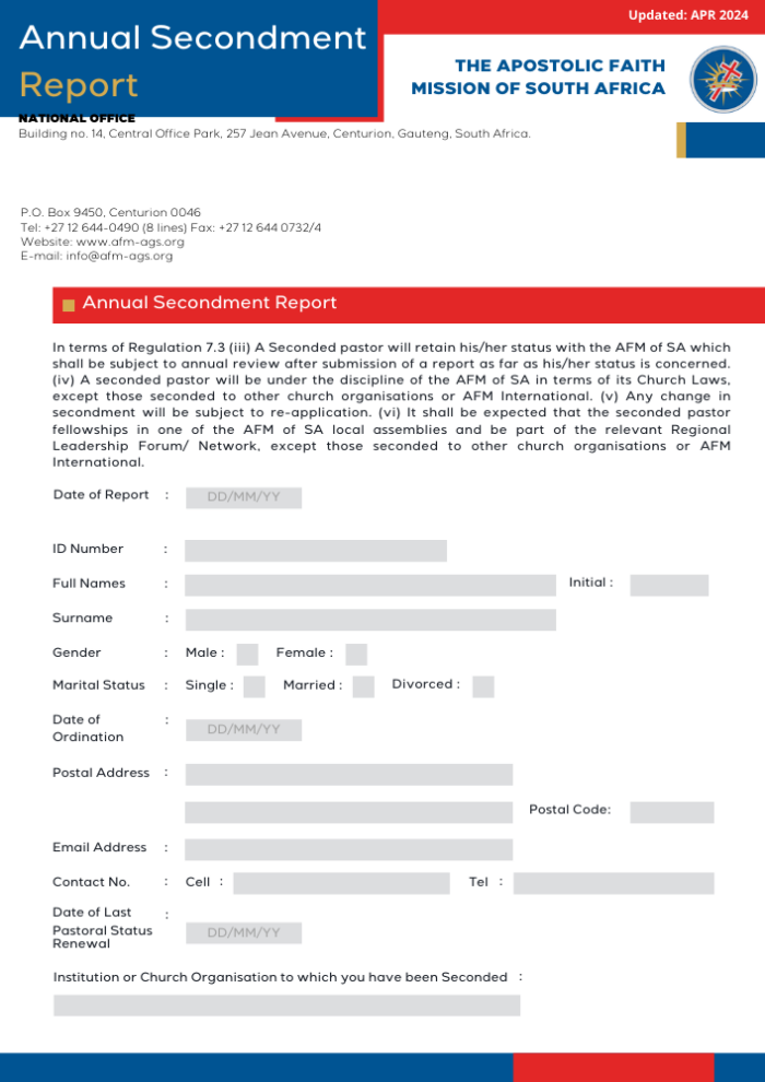 Application Forms - The Apostolic Faith Mission of South Africa
